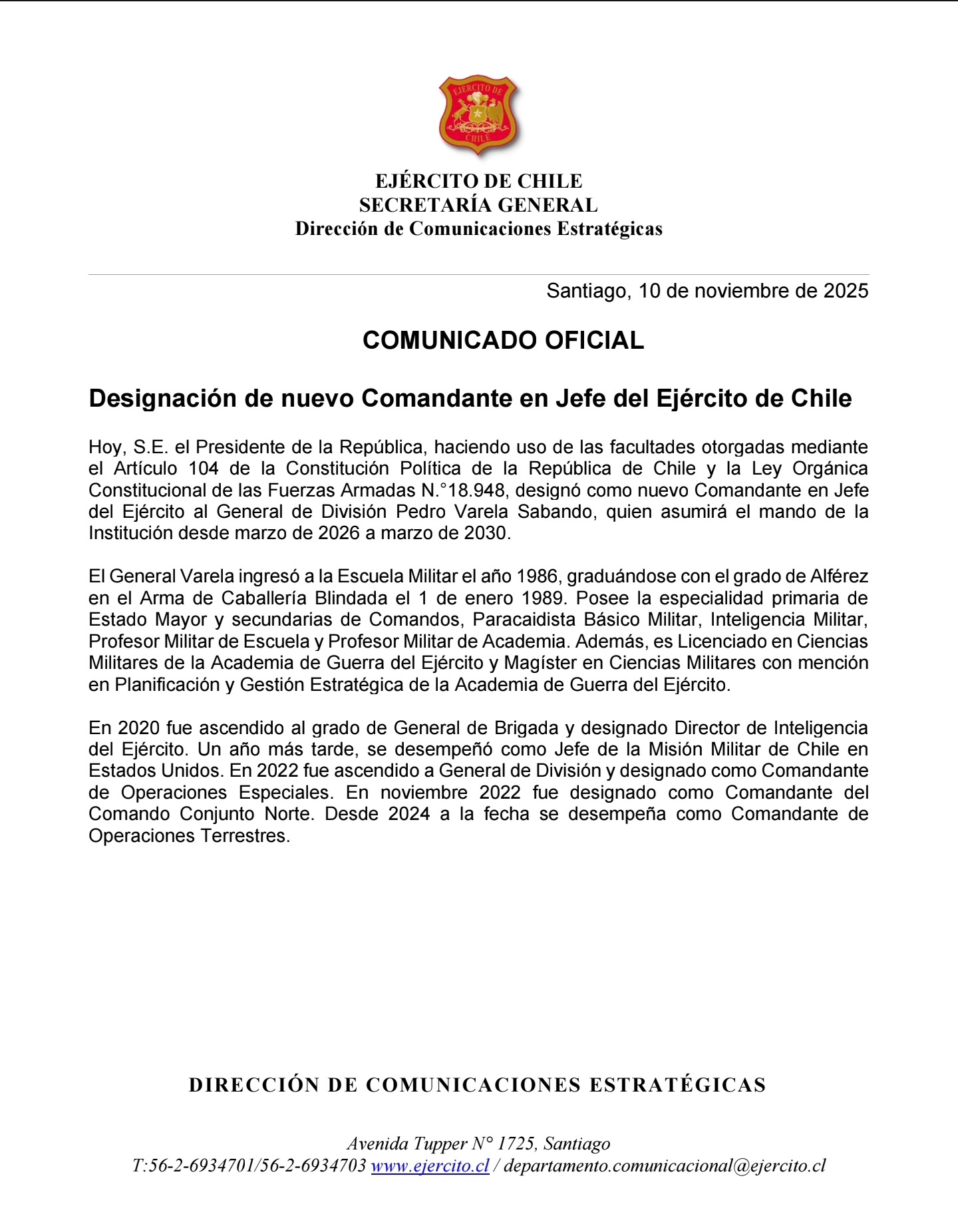 Presidente Boric designa a general Pedro Varela como nuevo Comandante en Jefe del Ejército